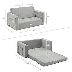 Ulax Furniture Kids Fold Out Couch 2-in-1 Children Convertible Sofa to Lounger with Soft Plush Fabric Grey