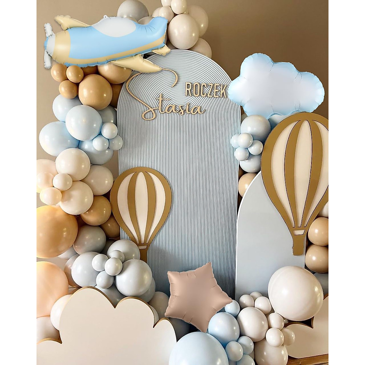 Time Flies Balloon Garland Arch Kit, 155pcs Brown Blue Beige and Airplane Cloud Star Foil Balloons for How Time Flies First Birthday Travel ONEderful World Airplane Party Baby Shower Decorations