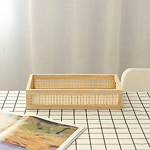 YAHUAN Rectangular Wooden Bamboo Serving Tray with Handles, Handwoven Rattan Decorative Display Serving Platters, Guest Towel Napkin Holder for Dining Bathroom Table Desktop (Rectangular Bamboo)