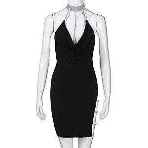 Women's Sexy Deep V Neck Backless Bodycon Dress Halter Neck High Slit Lace Up Mini Night Club Dress (Black, M)