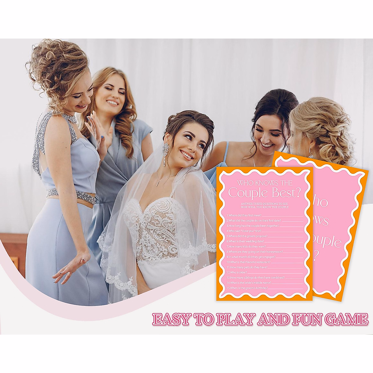Pink Wavy Border Who Knows The Couple Best Game for 30 Guests with Game Cards, Wavy Border Bridal Shower Game, Modern Bridal Shower Decorations, Wedding Shower or Bachelorette Party Supplies - 03