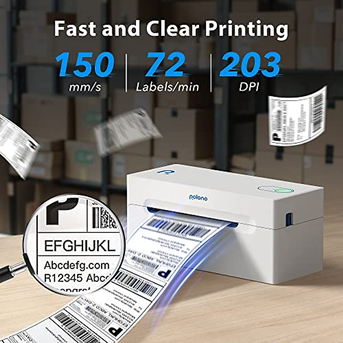POLONO Bluetooth Thermal Shipping Label Printer, Wireless 4x6 Shipping Label Printer for Small Business, Support Android, iPhone, Windows, and Mac, Widely Used for Ebay, Amazon, Shopify, Etsy, USPS