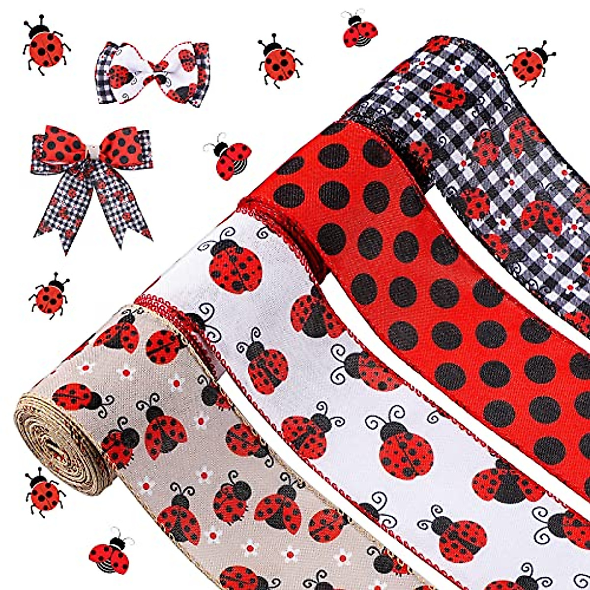 HAUTZADO 4 Rolls 2.5 Inch x 24 Yard Ladybugs Canvas Ribbons Lady Bug Wire Edged Wrapping Ribbon Red Polka Dot Wired Edge Ribbon Grosgrain Red Dot Craft Ribbon for Crafting Wrapping Party Decoration