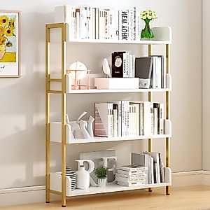 OSCHF Wide Open Shelf Bookcase - Modern 4-Tier Floor Standing Display Bookshelf with Three-Side Baffles for Home and Office, Storage Shelving in Warm White with Gold Frame