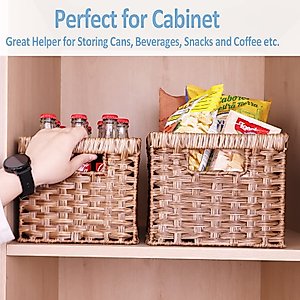 ROSOS Wicker Baskets 2 Pack, Rectangular Wicker Storage Basket with Handles, Waterproof Plastic Large Wicker Baskets for Storage, Nesting Hand-Woven Storage Baskets for Pantry Storage