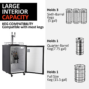 PioneerWorks Beer Kegerator, Single Tap Draft Beer Dispenser, Full Size Stainless Steel Keg Refrigerator With Drip Tray, CO2 Cylinder, 32°F- 50°F Temperature Control, 128L