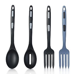 Silicone Flexible Forks for cooking,Black Slotted Spoon 500℉ Heat Resistant,Silicone spoon kitchen spatula set,for noodles,pasta and salad 4-Pcs BAP Free Dishwasher safe