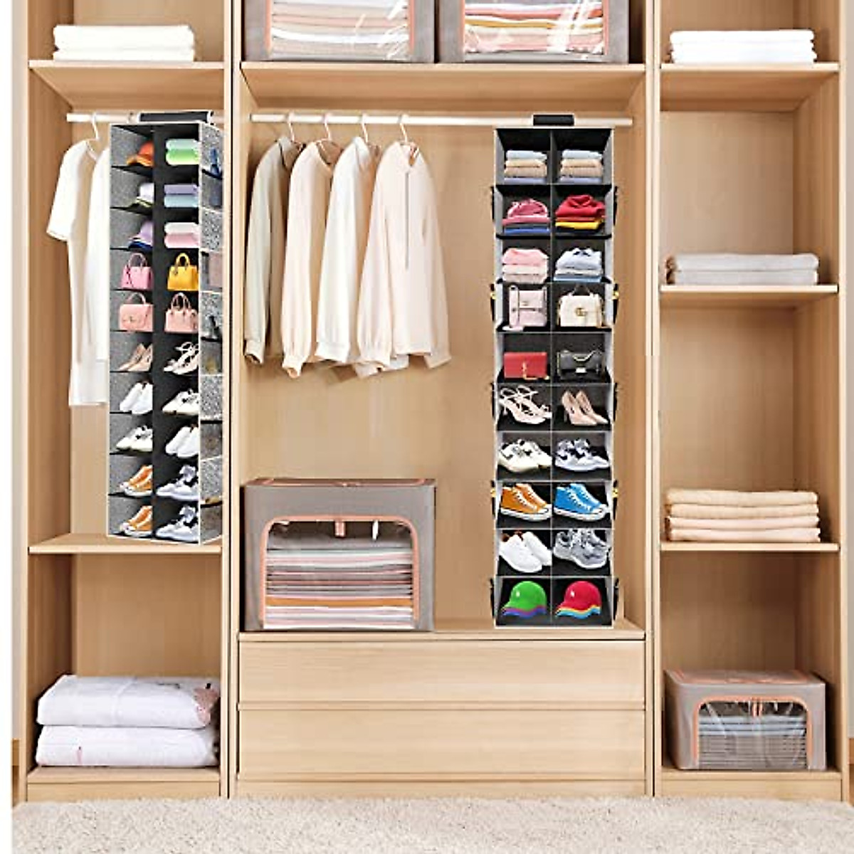 VERONLY 20 Section Hanging Shoe Organizer, Fabric Closet Hanging Shoe Storage Rack with 10 Side Pockets for Shoes, Hats, Handbags, Clothes (Black)