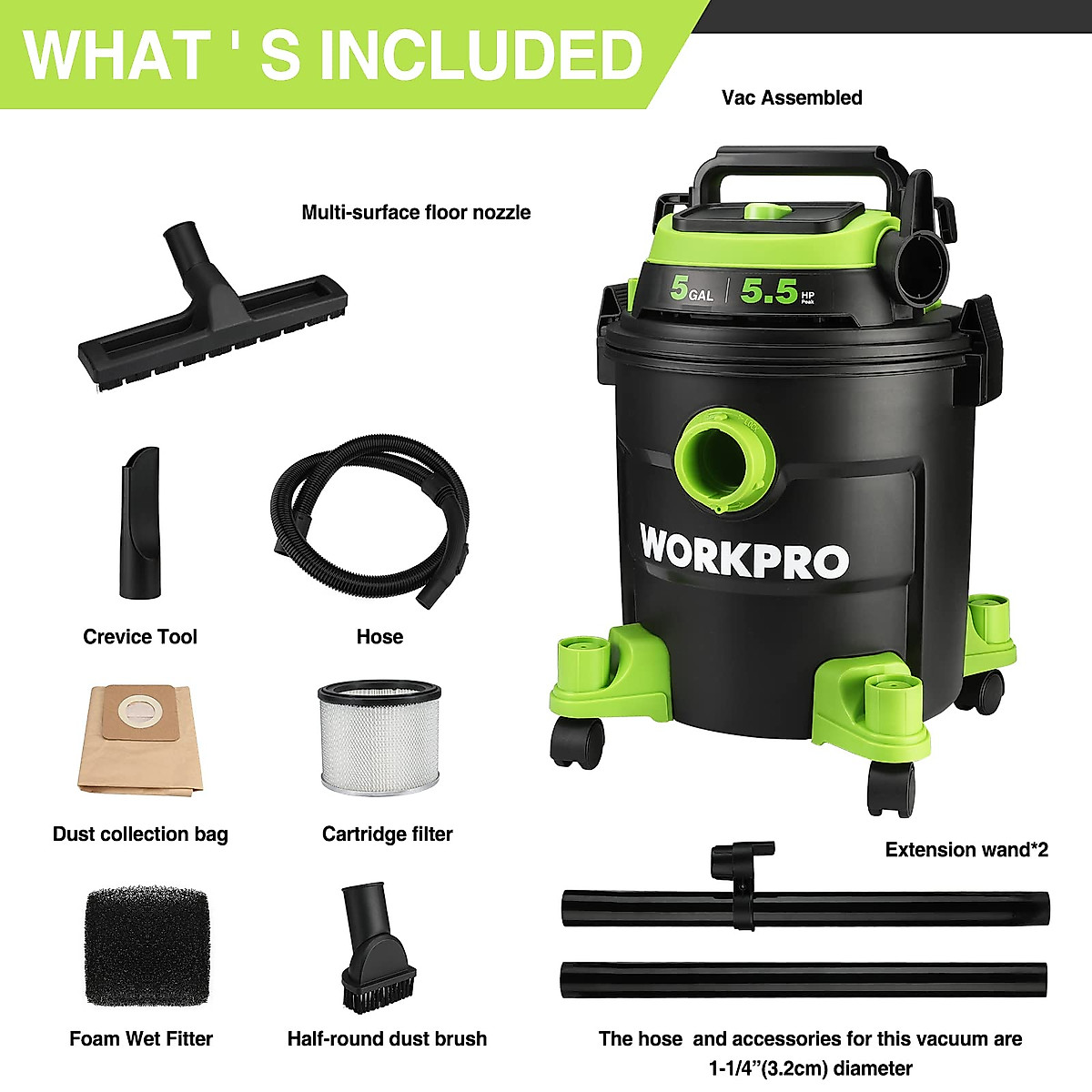 WORKPRO 5 Gallon Wet/Dry Shop Vacuum, 5.5 Peak HP Shop Vac Cleaner with HEPA Filter, Hose and Accessories for Home/Jobsite