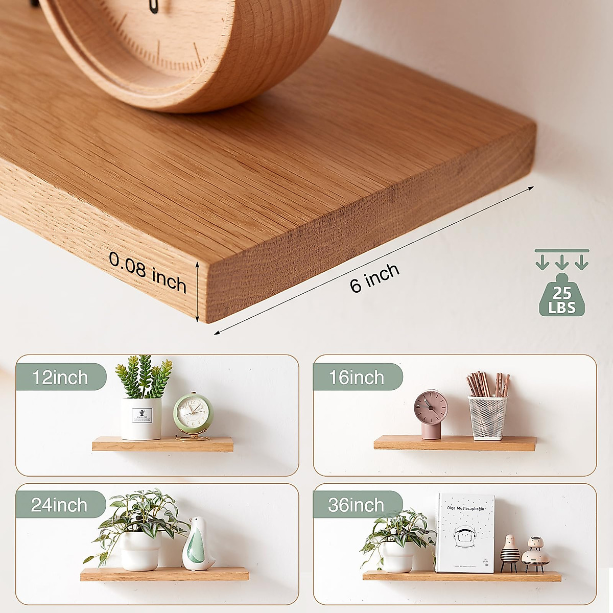 TRWISWDC Oak Floating Shelves 12 Inches Natural Wood Wall Shelf, Rustic Wood Shelves for Wall Storage, Wall Mounted Wooden Display Shelf for Bathroom Bedroom Livingroom Kitchen