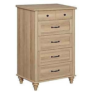 WAMPAT Oak Dresser for Bedroom with 5 Drawers, Tall Kids Dressers with Wide Chest of Drawers, Mid Century Modern Wooden Closet Storage Organizer, Small Dressers for Nursery, Living Room, Hallway