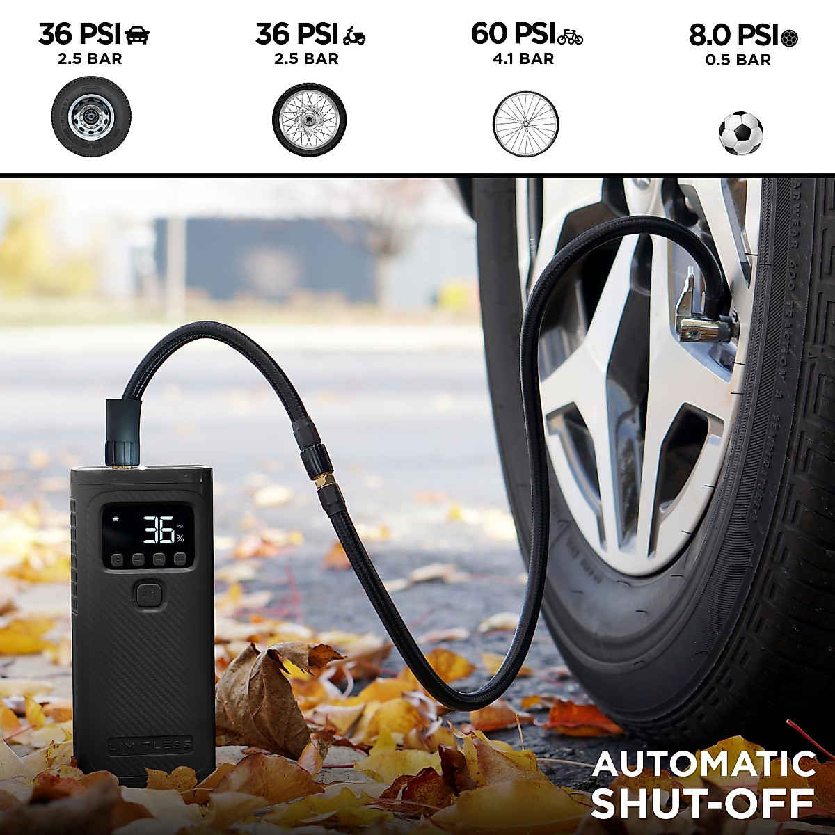 Limitless AirPro 150 PSI Portable Air Compressor Pump with Digital Display, 4,000mAh Power Bank, LED Flashlight, Auto Shut-Off & Adapters for Car/Bike Tires, Sports Balls, and Pool Inflatables