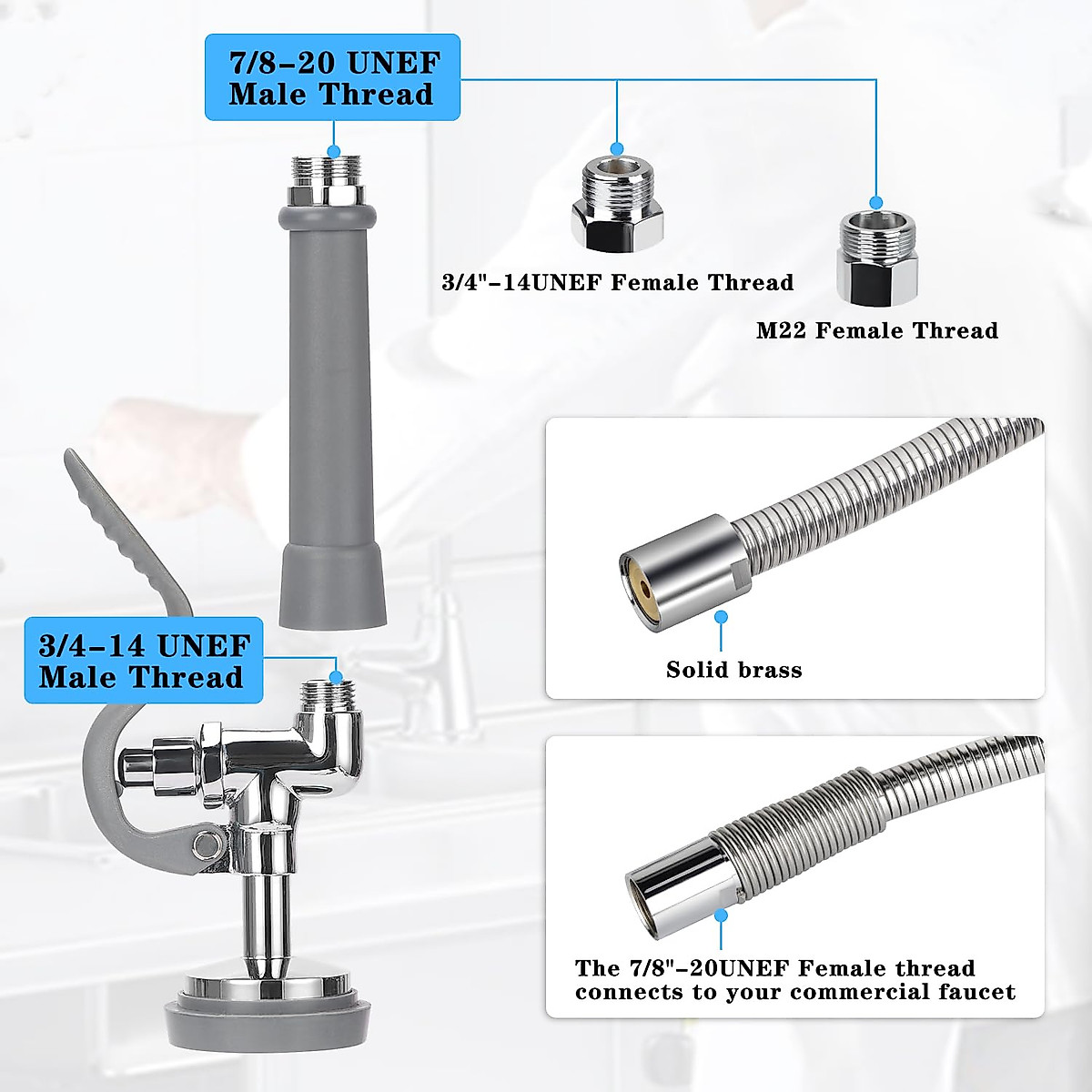 Pre Rinse Spray Valve with Stainless Hose 44inch Flexible Commercial Sink Faucet Replacement Kit 1.42GPM High Pressure Restaurant Dish Sprayer for Wall/Deck Mount Industrial Kitchen Faucets