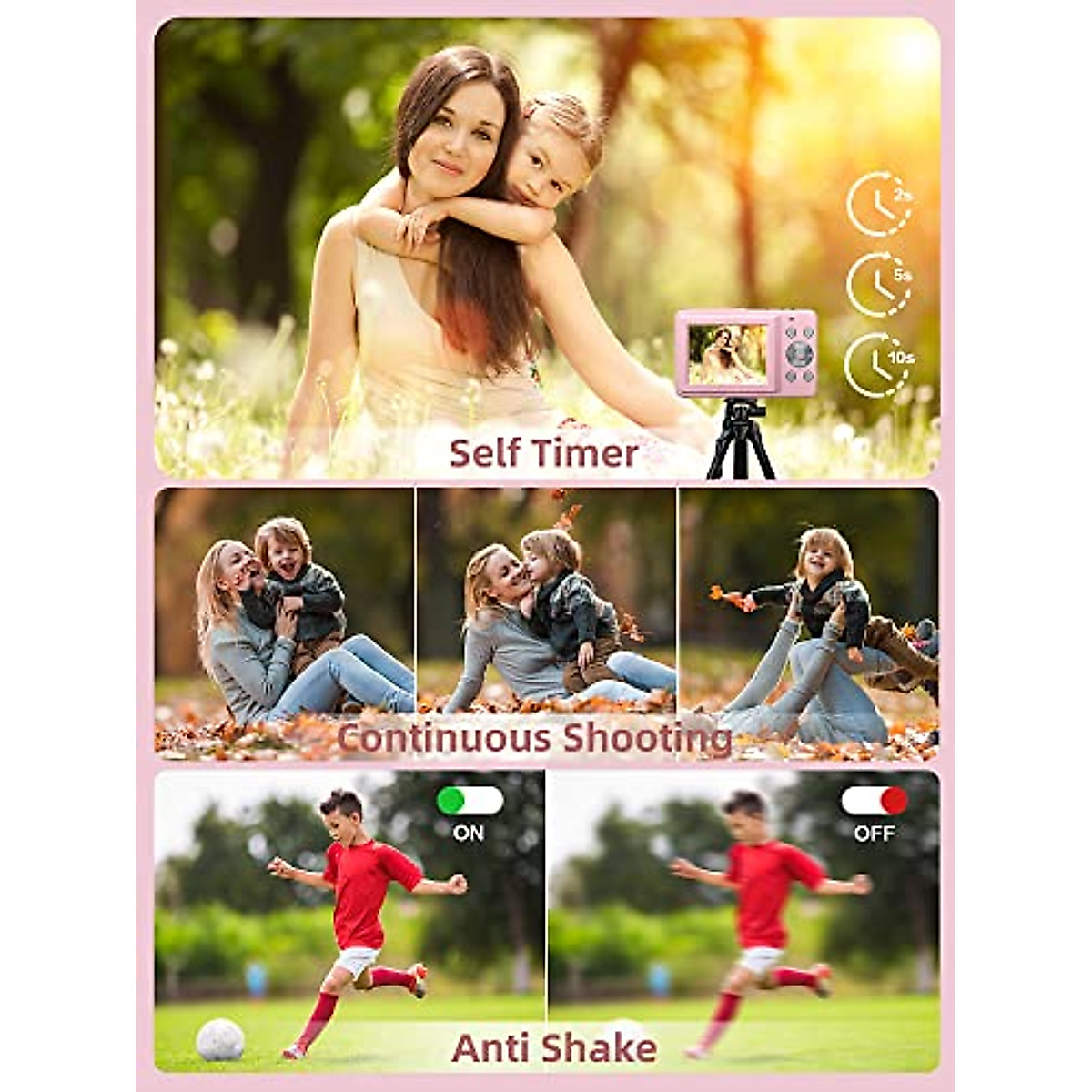 Digital Camera, FHD 1080P Digital Point and Shoot Camera for Kids 44MP Vlogging Camera with Anti Shake 16X Zoom, Compact Kids Camera Small Camera for Boys Girls Teens Students Seniors- Pink