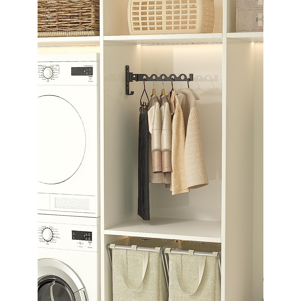 Dr.DJ Wall Hanger for Clothes, Coat Hanger Wall Mounted Matte Black Retractable Clothes Drying Organizer Rack Garment Hooks Aluminium Folding Indoor Wall Hanger Space Saver (2 Racks) Black