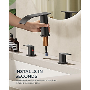 FORIOUS Black Bathroom Faucets, Matte Black Waterfall Bathroom Faucet 3 Hole with Metal Pop up Drain, 8 Inch Widespread Bathroom Sink Faucet Two Handle, Faucet for 6''-12'' Bathroom Sink Vanity