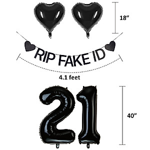 21st Birthday Decorations, Happy 21st Birthday Decorations with Happy Birthday Banner, Sliver Foil Curtains, RIP FAKE ID 21 Balloons Kit, Black Cake Topper, 21st Birthday Decorations for Him