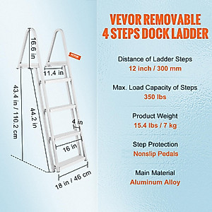 VEVOR Removable Dock Ladder 4 Step, Pontoon Boat Ladder with Mounting Hardware,Aluminum Swim Ladder with Nonslip Design, Each Step 16" x 4", 350Lbs Load, for Lake, Marine Boarding, Pool