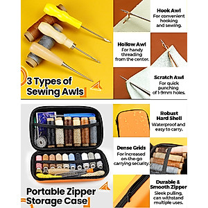 【Upgraded】Leather Upholstery Repair Kit: PLANTIONAL 60pcs Sewing Kit with Waxed and Upholstery Thread, Large-Eye Needle, 3 Sewing Awl, Heavy Duty Sewing Kit for Car Carpet Sofa Shoe Backpack Craft DIY