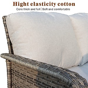 XIZZI 4 Pieces Outdoor Wicker Patio Furniture Set, All Weather Rattan High Back Loveseat with Cushions, Coffee Table and Armchairs, Modern Garden or Backyard Lounge Set (Grey Rattan-Grey Cushion)