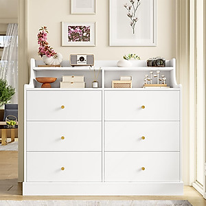 finetones 6 Drawer Dresser, White Dresser Double Dresser with Shelves, White and Gold Dresser, Wide Chest of Drawers, Dressers & Chests of Drawers, Large Wooden Storage White Dresser for Living Room