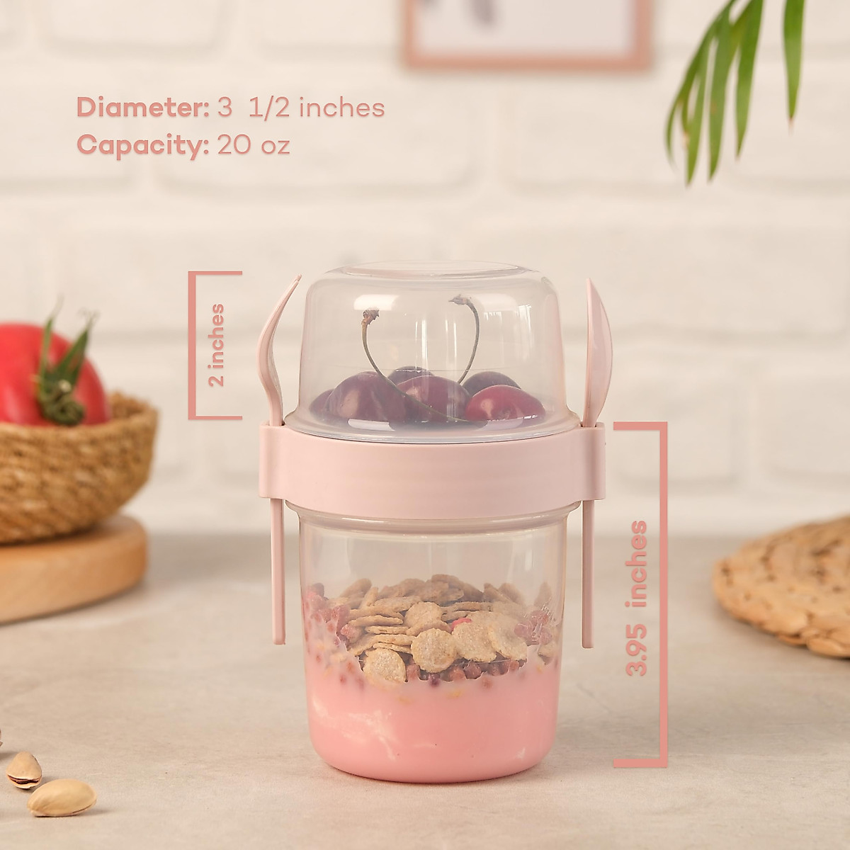 Osier Blanc 4 Pack On The Go 21.9 oz Breakfast Cups with Lids and Spoon, Reusable Cereal Yogurt Cup with Topping Plastic Overnight Oats Container for Granola Oatmeal (21.9 oz - 4 Colors Set)