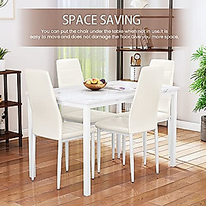 Lamerge Dining Table Set for 4, Marble Kitchen Table and Chairs for 4, Comfortable PU Leather Chairs,Dining RoomTable Set for Small Space,Living Room, Breakfast Nook,White+White