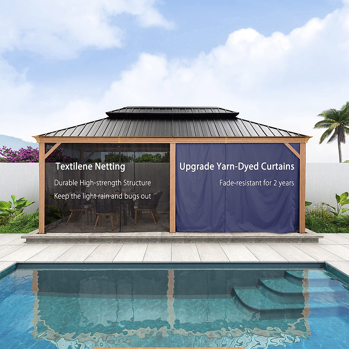 PURPLE LEAF 12' X 20' Outdoor Hardtop Gazebo for Patio Galvanized Steel Double Roof Permanent Canopy Teak Finish Coated Aluminum Frame Pavilion Gazebo with Netting and Navy Blue Curtains