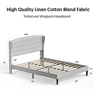 BONSOIR Queen Size Bed Frame Upholstered Traditional Low Profile Platform with Tufted Wing Back Headboard/No Box Spring Needed/No Bed Skirt Needed/Linen Fabric Upholstery/Light Grey (Queen Size)