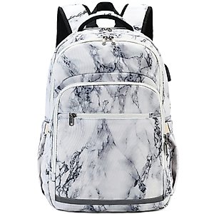 Bluboon Backpack for Women 15.6 Inch Laptop Bookbag College Bag with USB Port (Marble White)
