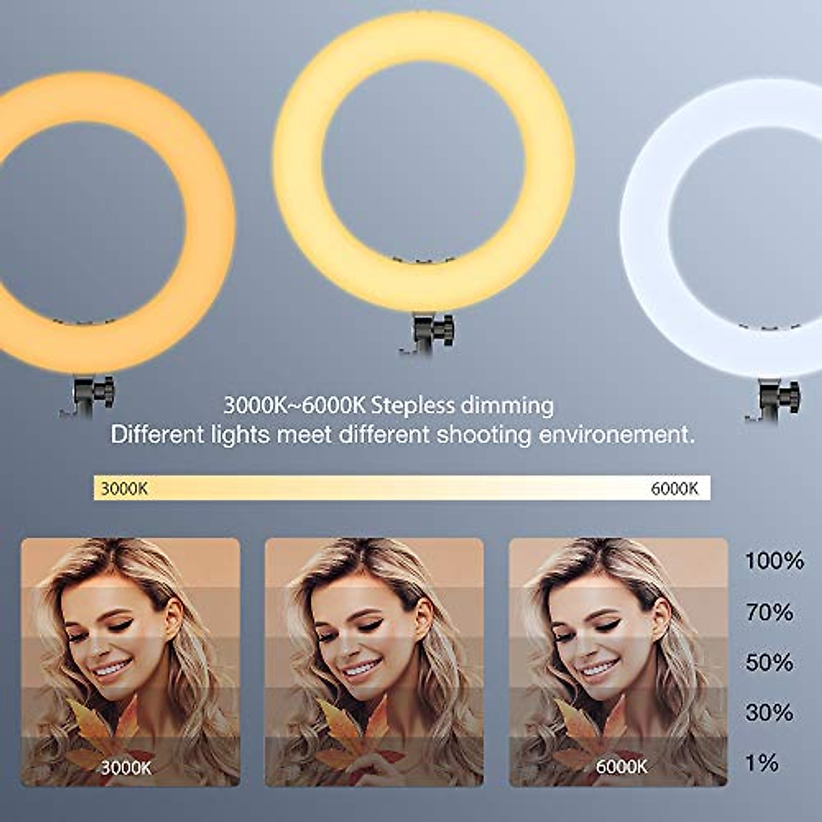 Inkeltech Ring Light - 18 inch 3000K-6000K Dimmable Bi-Color Light Ring, 60W LED Ring Light with Stand, Lighting Kit for Vlog, Selfie, Makeup, YouTube, Camera, Phone - LCD Screen & Remote Control