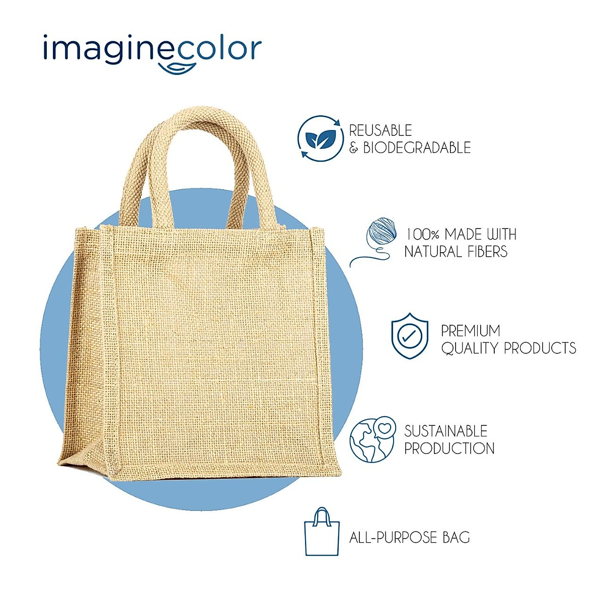 Imagine Color 50 Small Jute Burlap Gift Bags with Handles in Bulk, Burlap Tote, Wedding Welcome Bags, Bridesmaids Gifts, Bachelorette Party Favors Swag bags DIY Reusable 8”x 8”x6