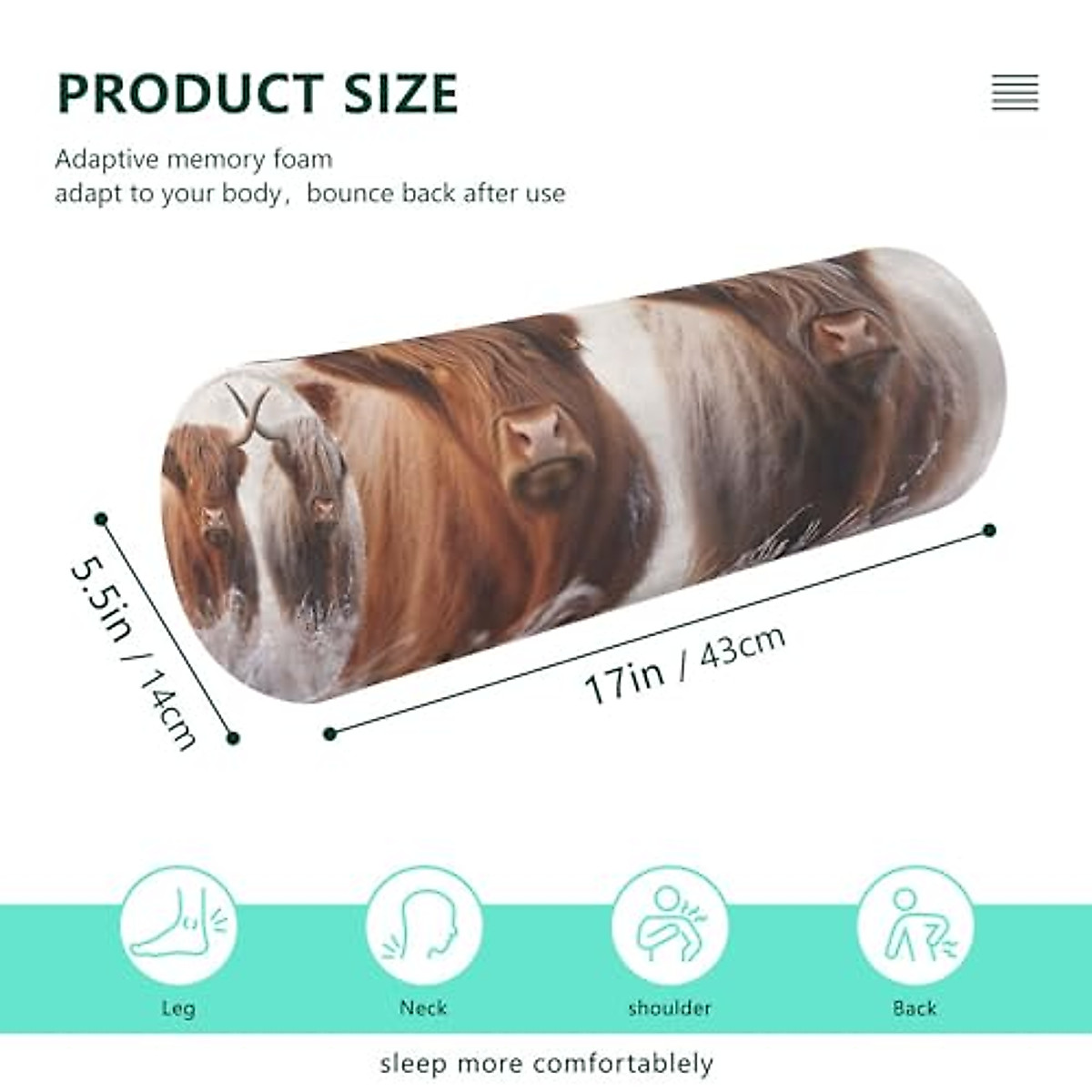 xigua Highland Cattle Neck Roll Pillow for Neck Relief with Removable Washable Cover - Memory Foam Round Cylinder Bolster, Ergonomically Designed for Head, Neck, Back, and Legs