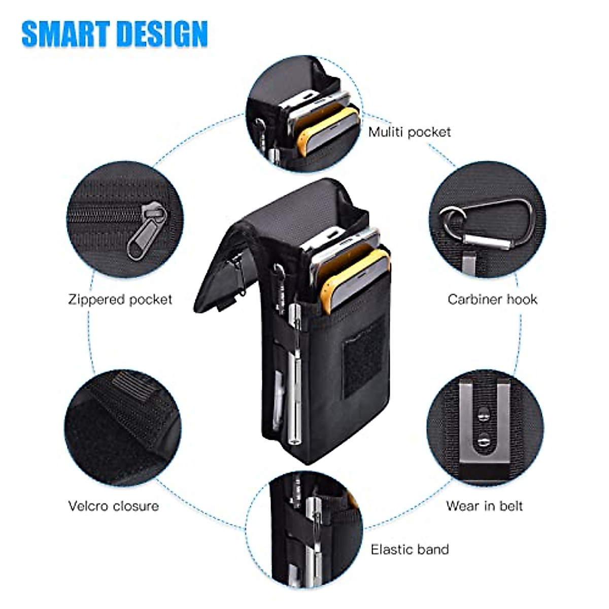 KATOLK Dual Phone Holster,Belt Pouch, Large Smartphone Pouch Cell Holder, Multi-Purpose Tactical Case, Holder for Work, Hiking, Camping, Barbecue, Rescue (Black)