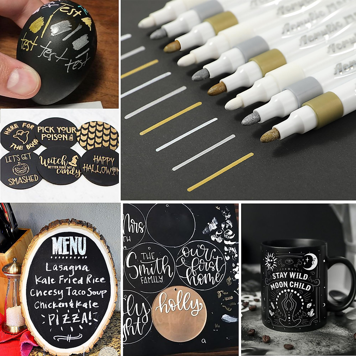 Acrylic Paint Pens Markers,9 Pack Acrylic Markers, 2-3mm Medium Tip, White Gold Silver Paint Pen for Art Projects, Drawing, Rock Painting,Wood, Plastic, Metal, Canvas DIY Crafts