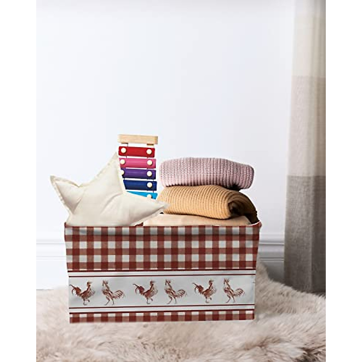 Farmhouse Rooster Storage Bins 1 Pack, Large Waterproof Storage Baskets for Shelves Closet, Rustic Farm Animals Red White Plaid Storage Basket Foldable Storage Box Cube Storage Organizer with Handles