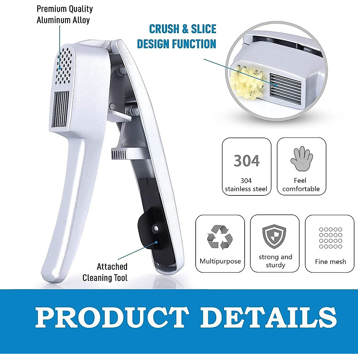 Garlic Press, 2 in 1 Garlic Mince and Garlic Slice with Garlic Cleaner Brush and Silicone Tube Peeler Set, Easy Squeeze, Rust Proof, Dishwasher Safe