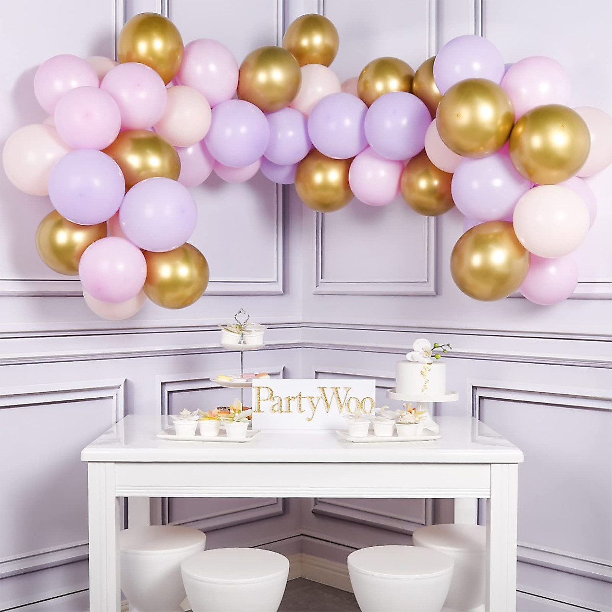 PartyWoo Purple Pink Gold Balloons, 60 pcs 12 Inch Purple Balloons, Light Pink Balloons, Gold Metallic Balloons and Pink Balloons, Purple Pink Balloons for Princess Birthday Party, Purple Baby Shower