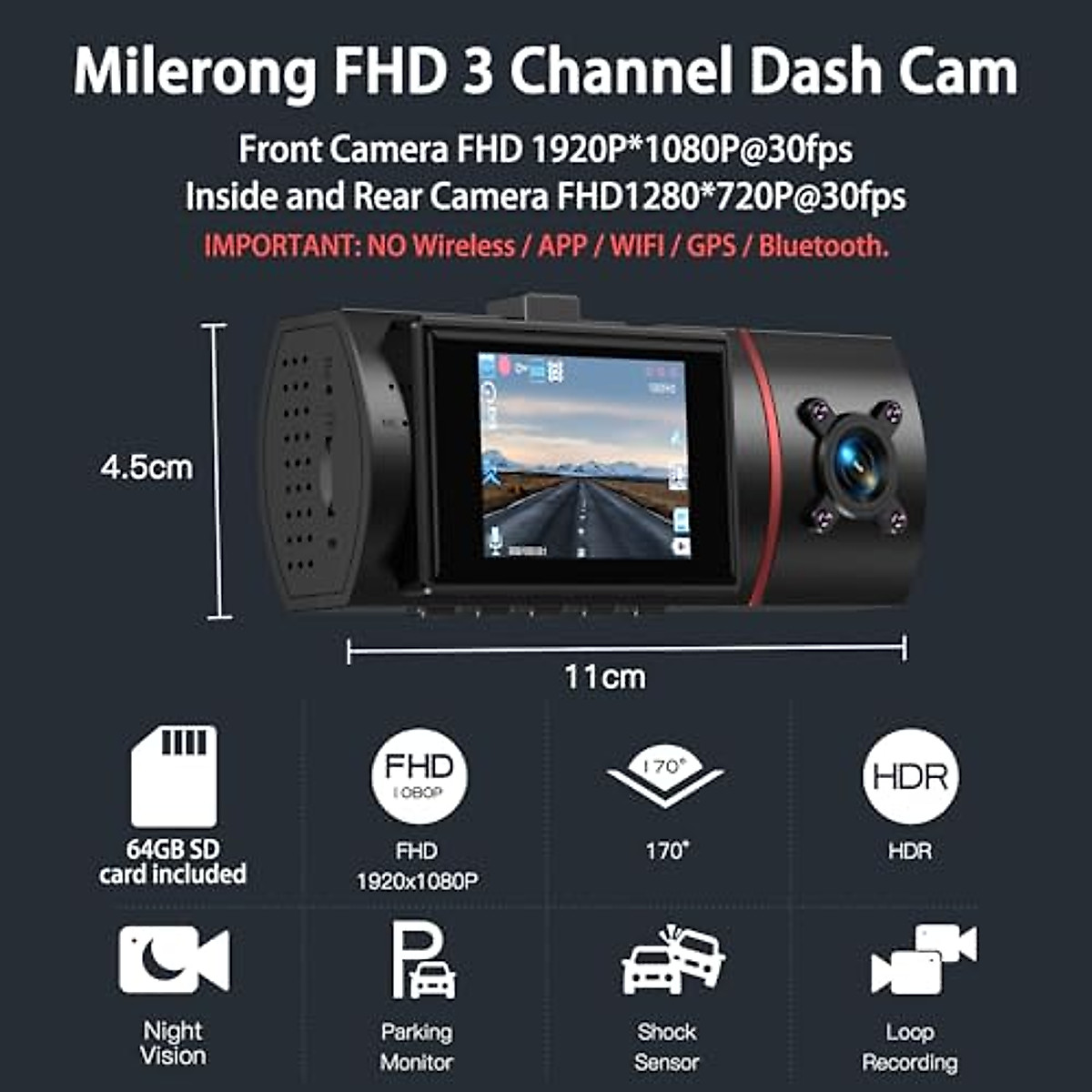 Milerong Dash Cam Front Rear and Inside, FHD 1920P Dash Camera for Cars, Dashcam Three Way Triple Car Camera with IR Night Vision, Rotating Inside Camera, 24H Parking Mode, WDR