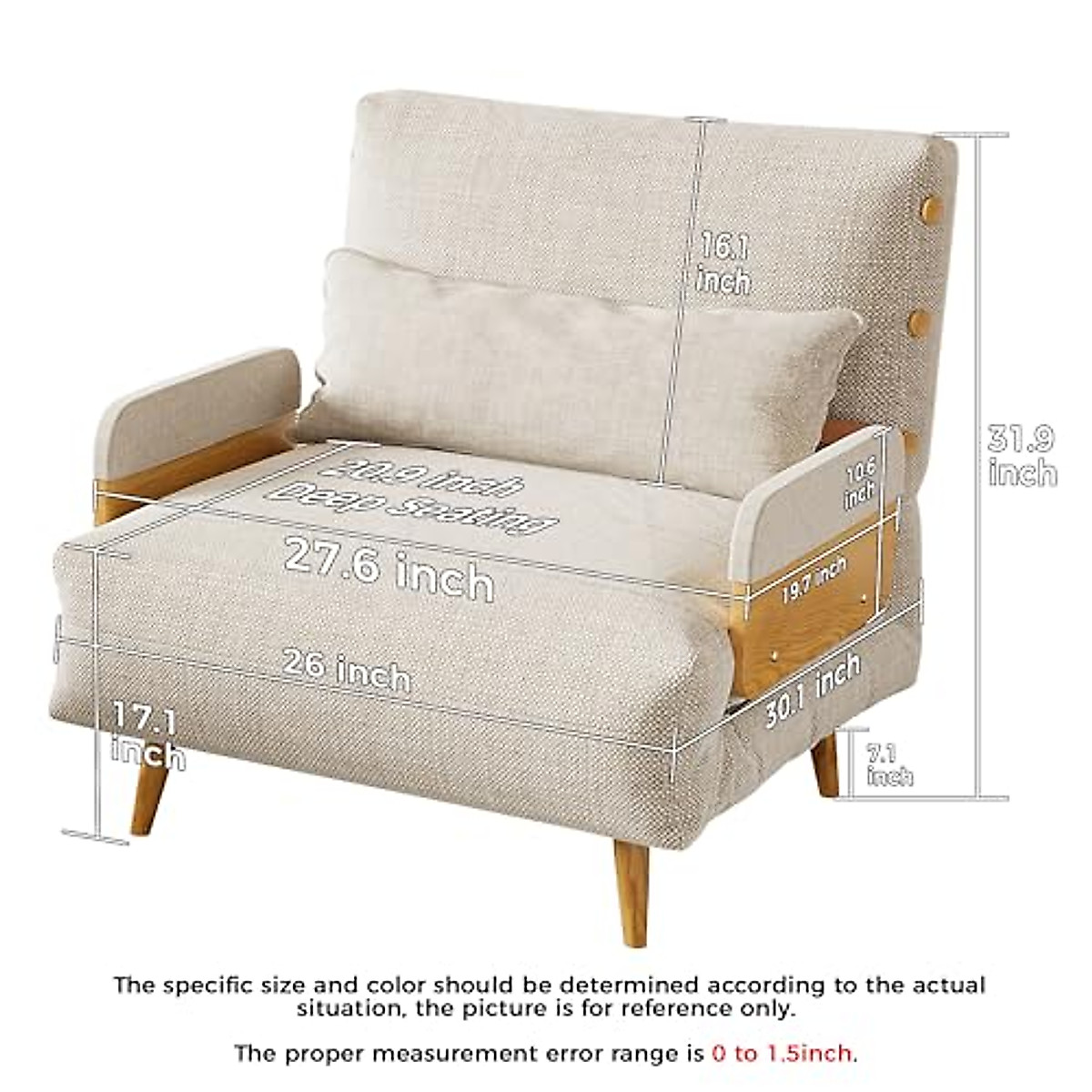 JASIWAY Convertible Chair Bed Sleeper, 3-in-1 Futon Sofa Bed Chair, Chaise Lounge Sofa Bed Couch, Sleeper Chair Recliner Sofa Chair for Small Space Apartment (Beige, 27.6" W)