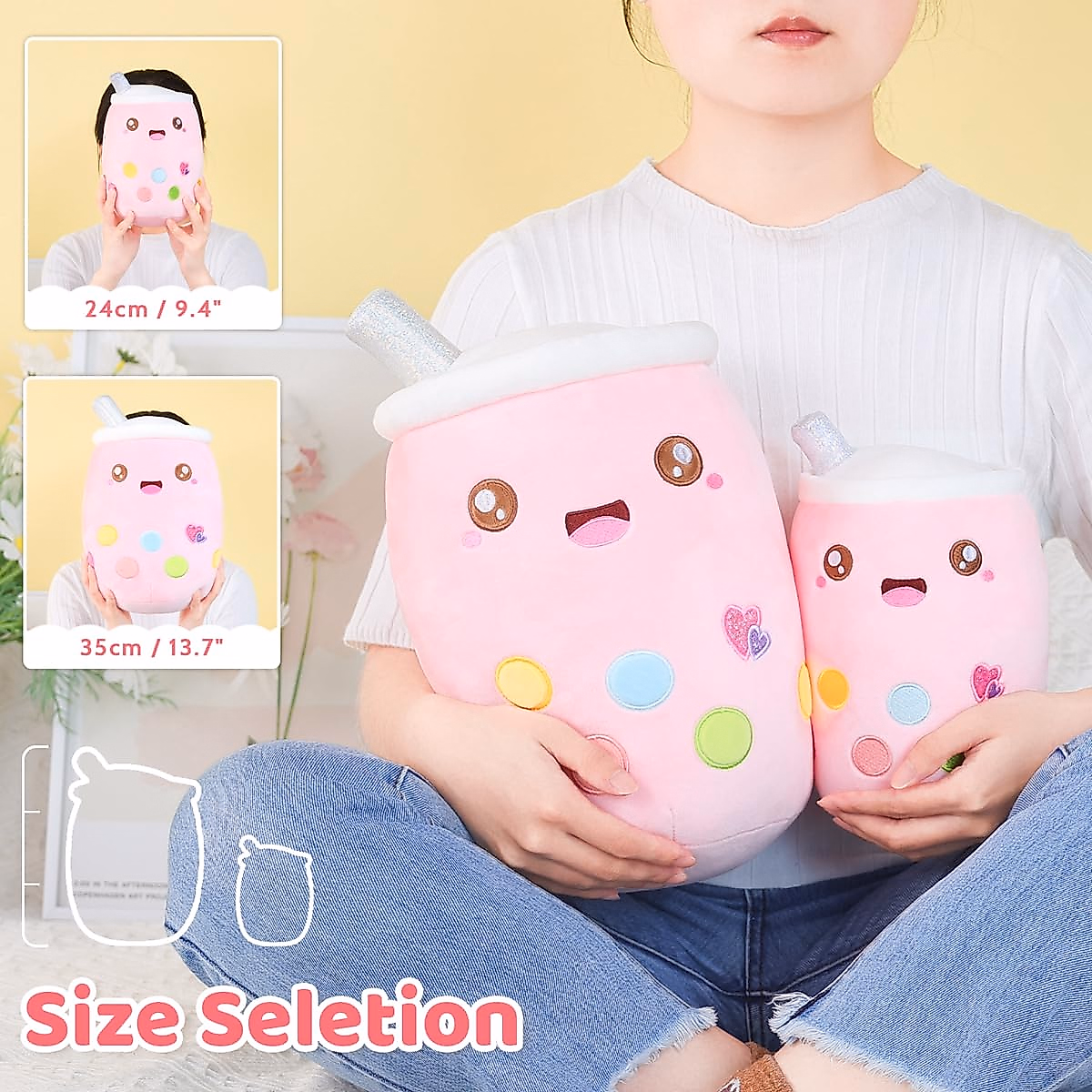 AIXINI Light up Boba Stuffed Plush Bubble Tea Pillow with LED Colorful Pearls Night Lights Glowing Super Soft-Pink,13.7''