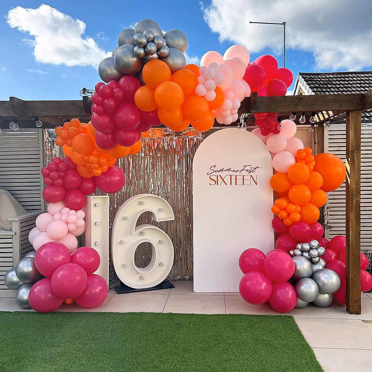 FOTIOMRG 203pcs Pink Orange Balloon Garland Arch Kit, Hot Pink Orange Metallic Gold Latex Balloons for Summer Tropical Engagement Bridal Shower Bachelorette Birthday Party Balloons Decorations