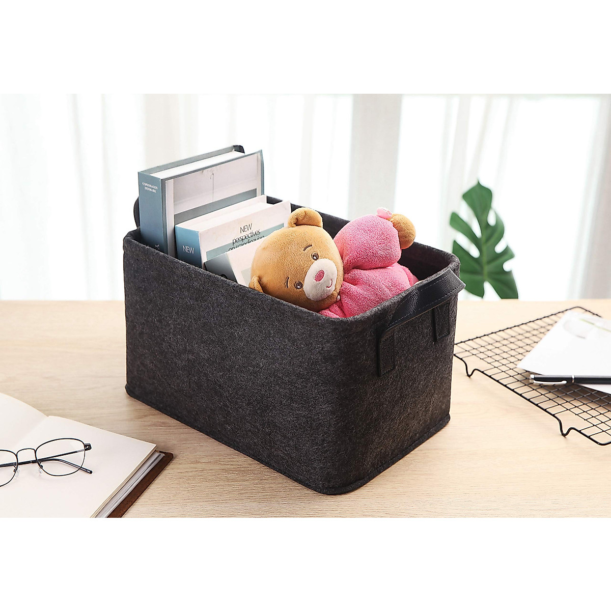 Collapsible Storage Basket with Carry Handles Felt Fabric Storage Bin Durable Organizer for Gift Toys Shoes Clothes Towels Nursery Home Laundry Office Decorative Organizing Box(Dark grey)