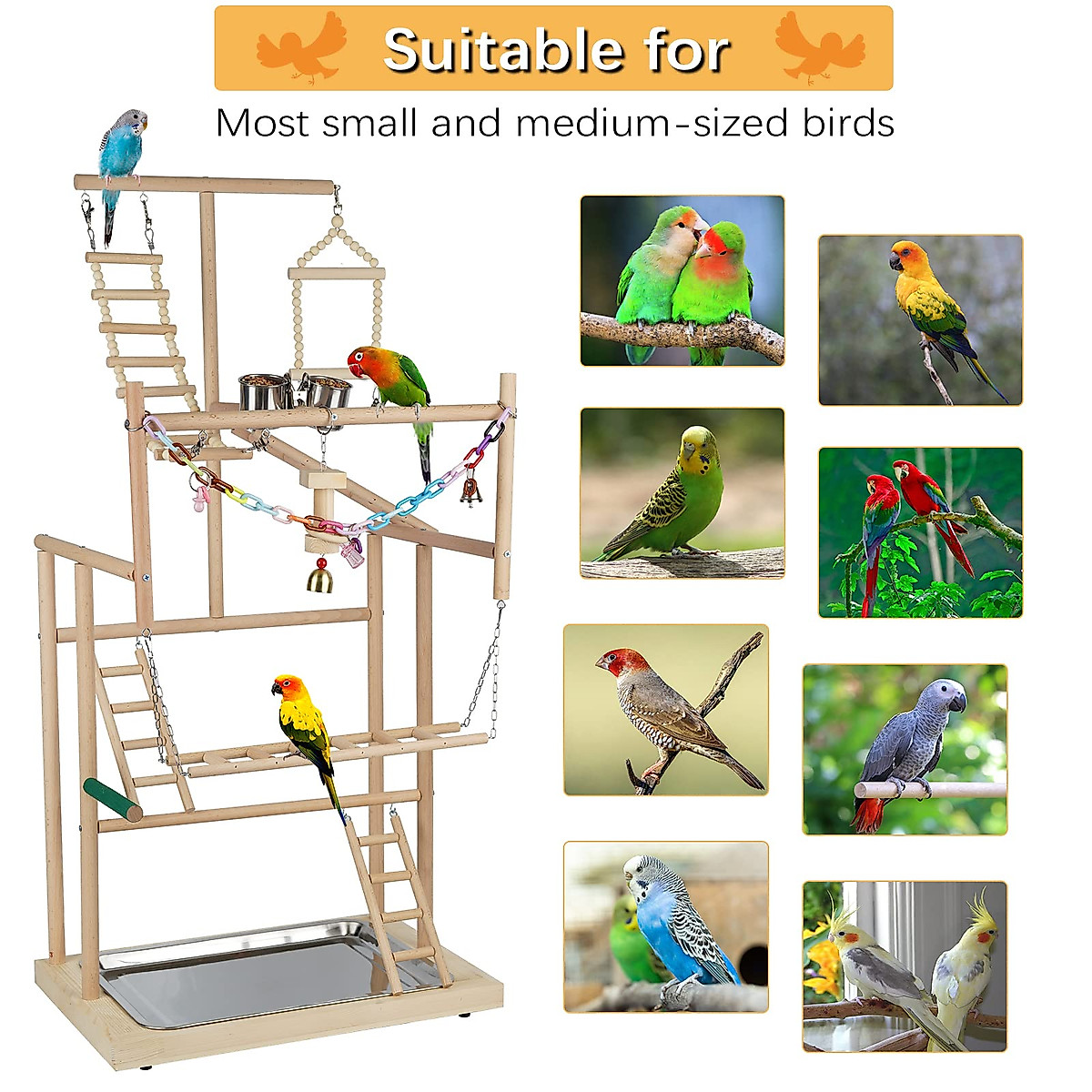 Ibnotuiy Pet Parrot Playstand Parrots Bird Playground Bird Play Stand Wood Perch Gym Playpen Ladder with Feeder Cups Bells for Cockatiel Parakeet (4 Layers)