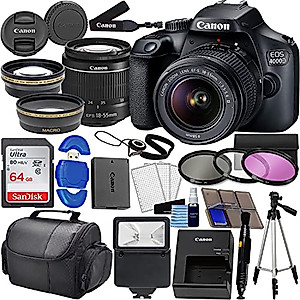 Camera EOS 4000D DSLR (Rebel T100) W/ 18-55mm Zoon Lens Kit |18 Megapixels CMOS | HD Video + Wide Angle Lens + Telephoto Lens, 64GB Memory, 3PC Filter Kit, Case, Tripod + More (31PC Bundle)
