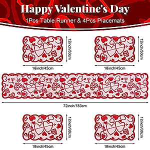 Valentines Day Decorations Table Runner with 4 Placemats, 13 x 72 Inch Red Rose Romantic Lace Table Mats Set for Valentine's Day Wedding Anniversary Party Supplies Home Table Dinner Decor