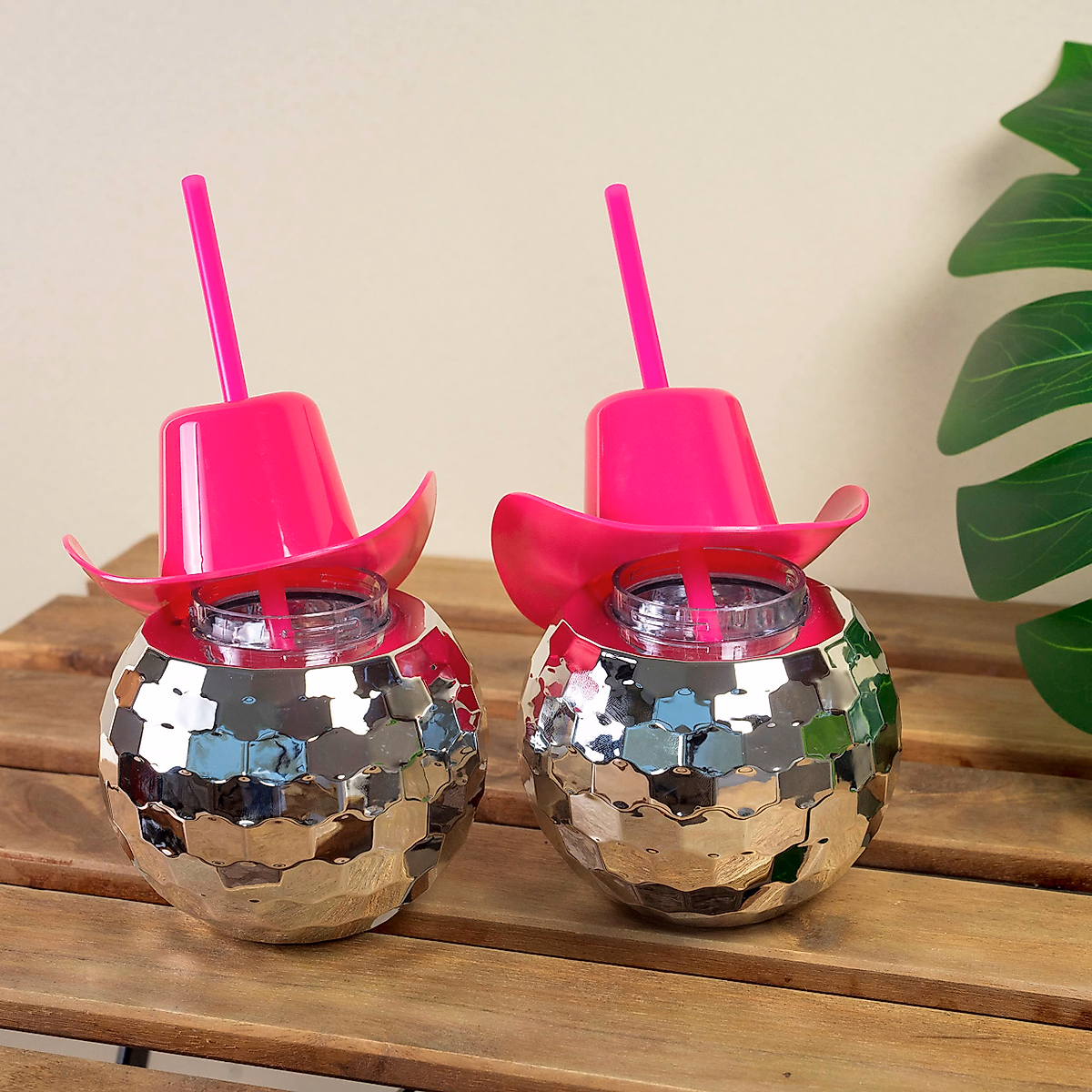 thepinkcow Hot Pink Cowboy Hat Disco Ball Cups, Glitter Shiny Cocktail Tumbler, Space Cowboy Cowgirl Birthday Bachelorette Western Themed Party Decorations Supplies, Rodeo Party Cups, Set of 8
