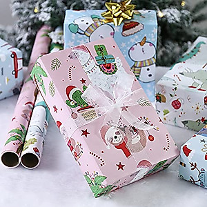 AUCLAY Christmas Wrapping Paper Rolls for Kids Holiday Gift Wrap - Cute Styles Included Dinosaur, Snowman, Santa Animals, Alpaca and Sloth - Pack of 4, 23.6 Inch X 8 Feet per Roll