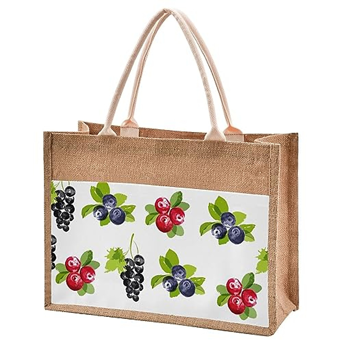 Jute Burlap Tote Berry Grape Fruit Watercolor White Large Beach Bag Reusable Grocery Shopping Storage Bag