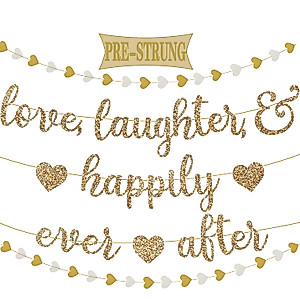 Pre-Strung Love Laughter & Happily Ever After Banner for Wedding Shower Decorations, Gold Glitter Banner Sign with 13FT Heart Streamers Garland for Bachelorette Party Bridal Shower Engagement